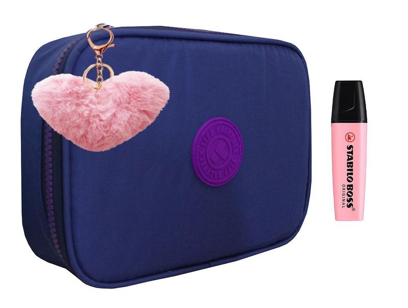 Kit Estojo Jumbo Yeep Azul Escuro com zíper roxo + 1 Stabilo + Pompom ...