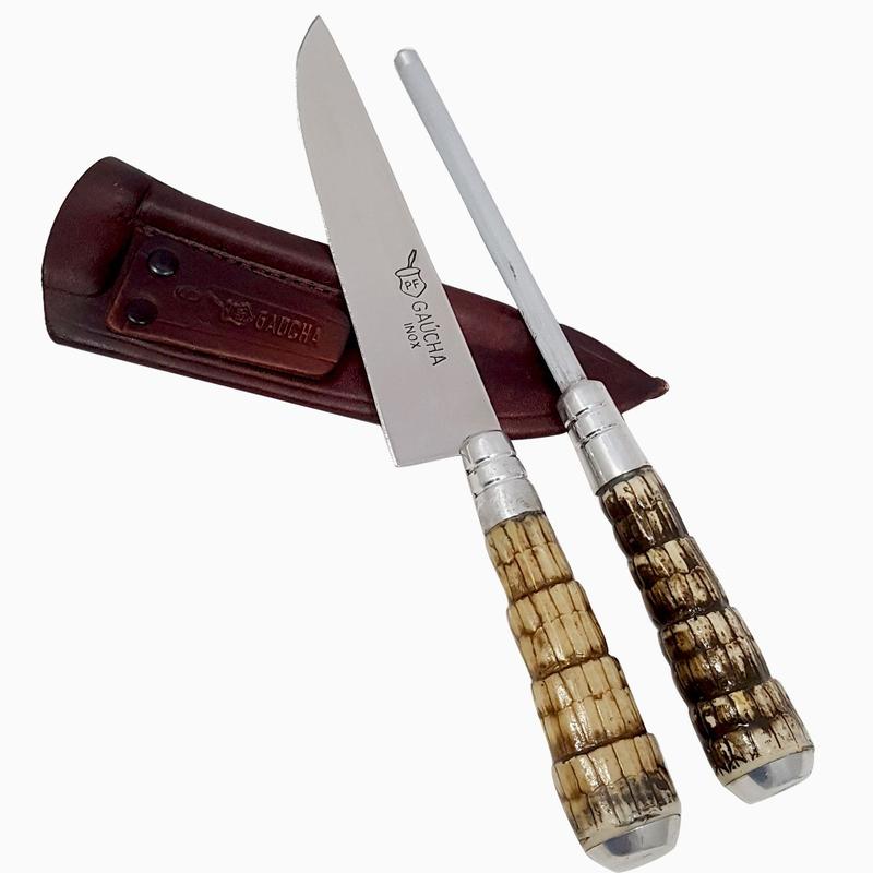 Kit Faca 6'' Chaira Inox Rabo Tatu Bainha Couro Churrasco - Facas ...