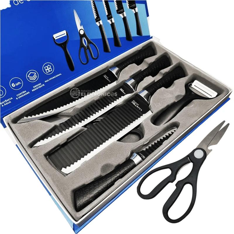 Kit Facas Churrasco Cheff 6pcs Cutelo Tesoura Descascador Para Camping ...