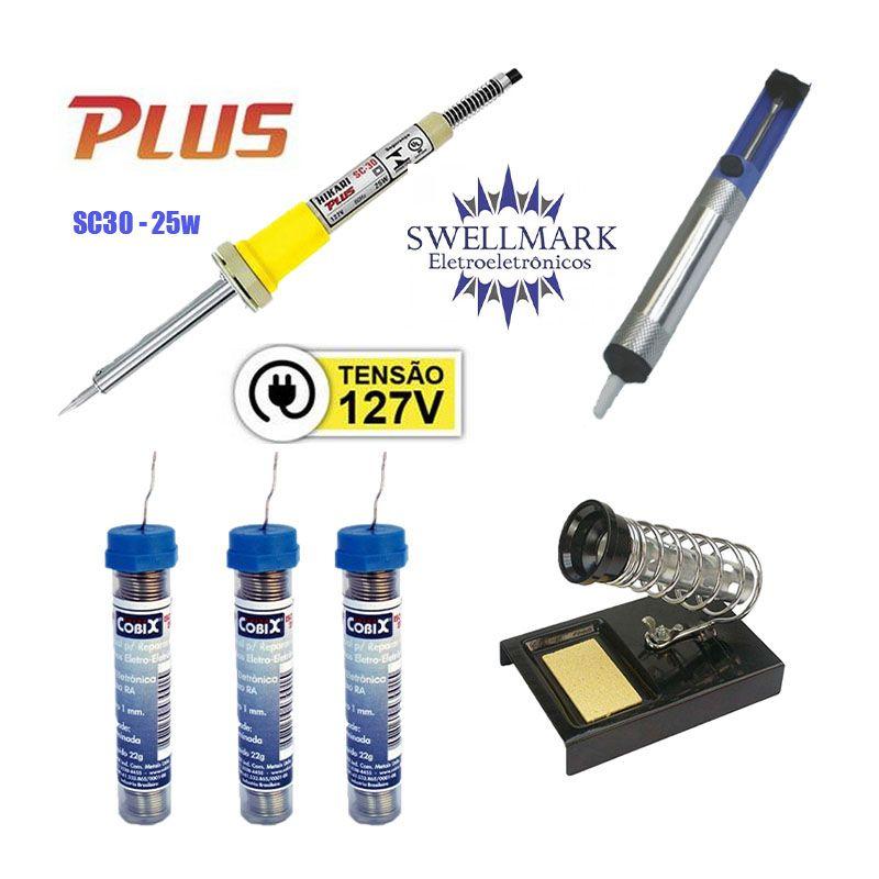 Kit Ferro de Soldar Plus SC-30 25W 127V + Sugador de Solda + 3 Tubinhos de Solda Fio 1,0mm ...