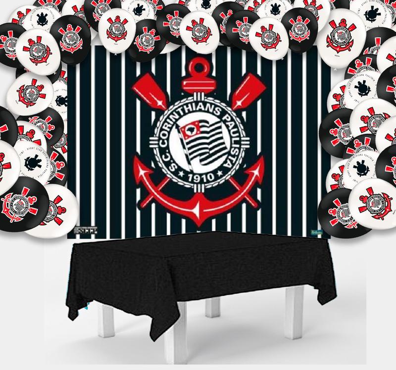 Kit festa Corinthians Anive Toalha Preta +25 balões +Painel - festcolor ...