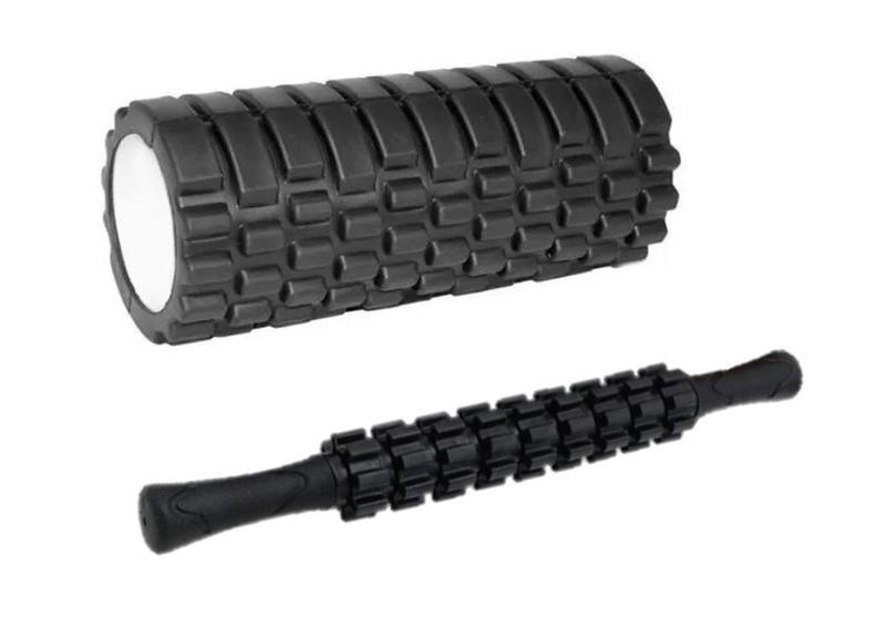 Kit Foam Roller Preto Rolo Liberação Miofascial + Bastão De Massagem ...