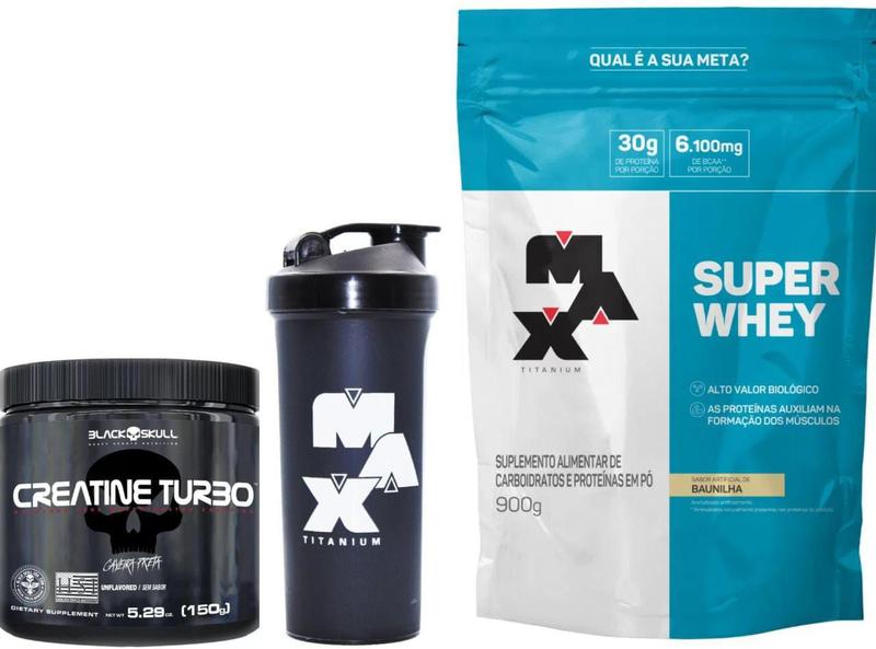 Kit ganho de musculo e força : super whey 900 g max + creatina turbo ...