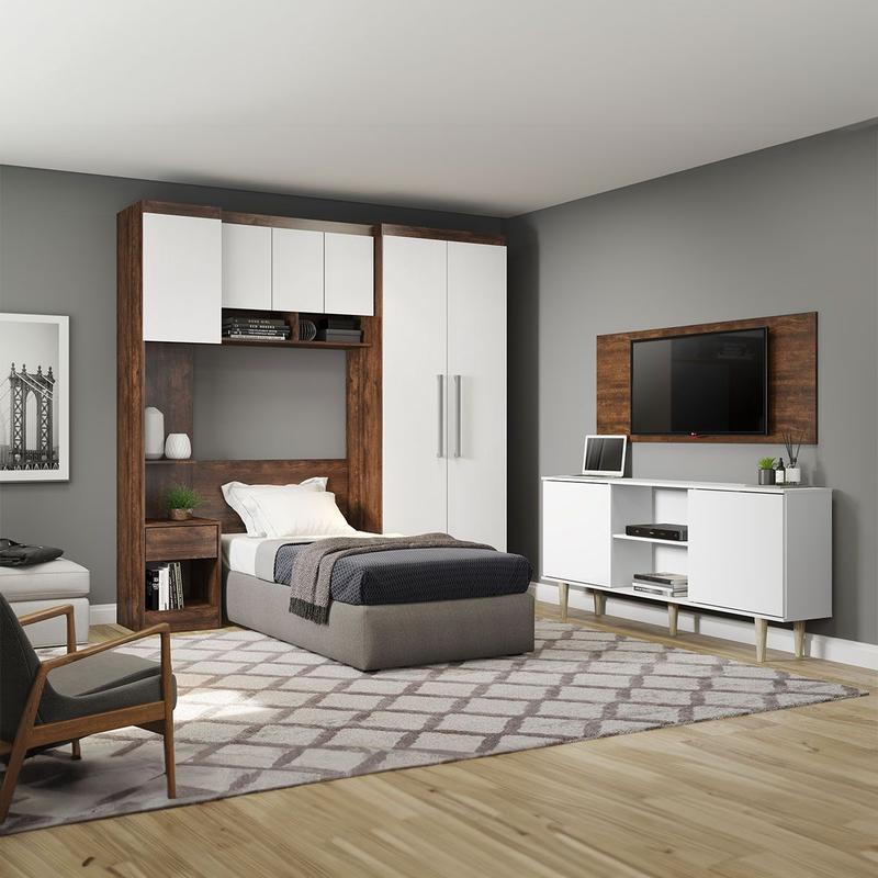 Kit Guarda Roupa Solteiro com Rack Painel TV 210x218Cm Selene 6 Peças ...