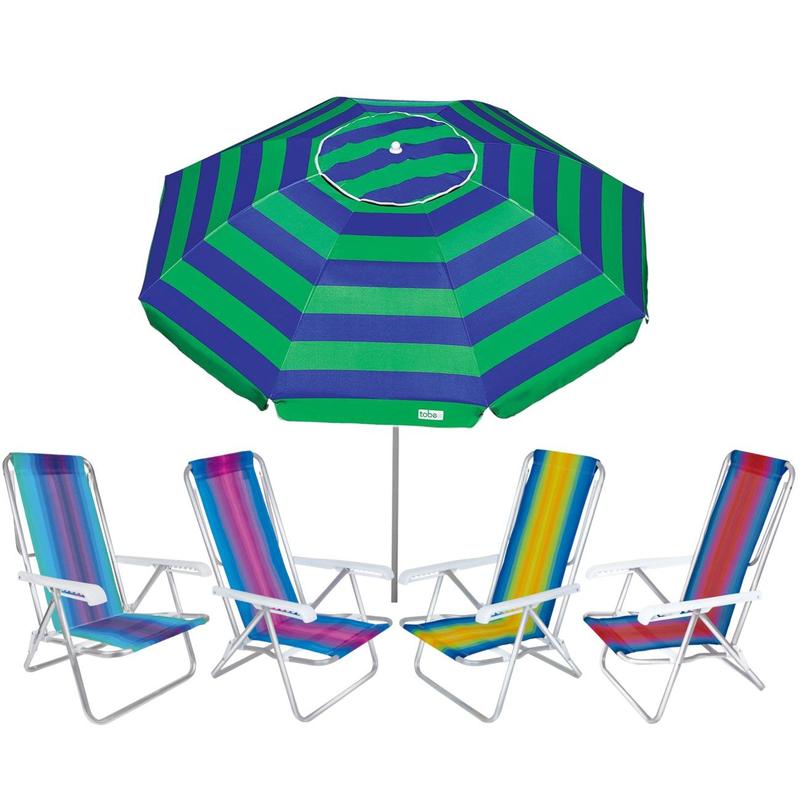 Kit Guarda Sol 2m Aruba Verde 4 Cadeira 8 Posições Alumínio Praia ...