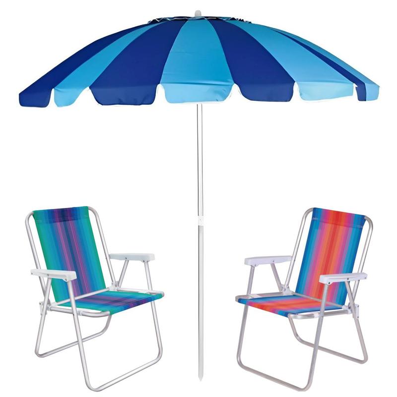 Kit Guarda Sol Sky 2,20m Poliéster Azul 2 Cadeira Alumínio Alta Camping ...