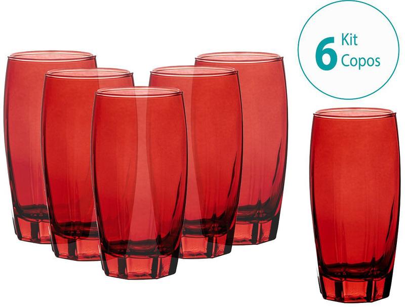 Kit Jogo Conjunto 6 Copo Vidro Florence Luxo 370ml Vermelho - CASALINDA ...