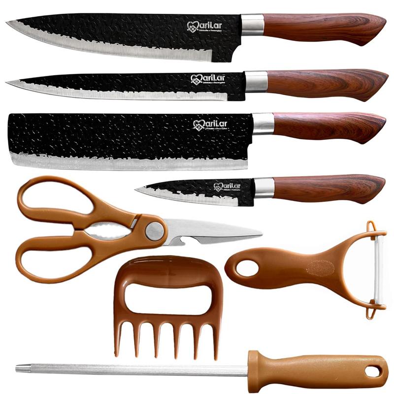 Kit Jogo Facas 8 peças Inox Churrasco Cozinha com Garra e Amolador ...