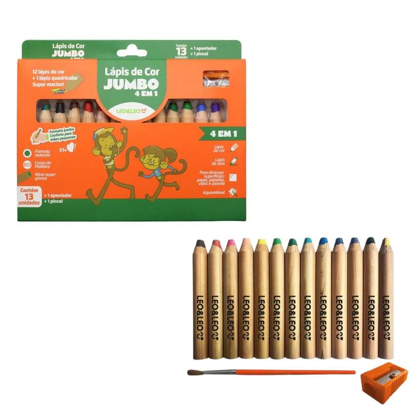 Kit Lápis De Cor 13 Cores Jumbo 4 Em 1 C/Apontador E Pincel Und Leo&Leo ...