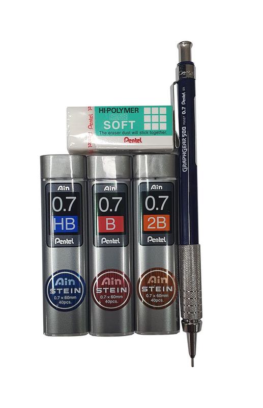 Kit Lapiseira Graphgear 500 0.7 + Grafite B HB 2B + Borracha - Pentel ...