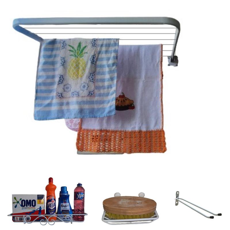Kit Lavanderia (Varal dobrável +3 suportes para sabão, bucha e vassoura ...