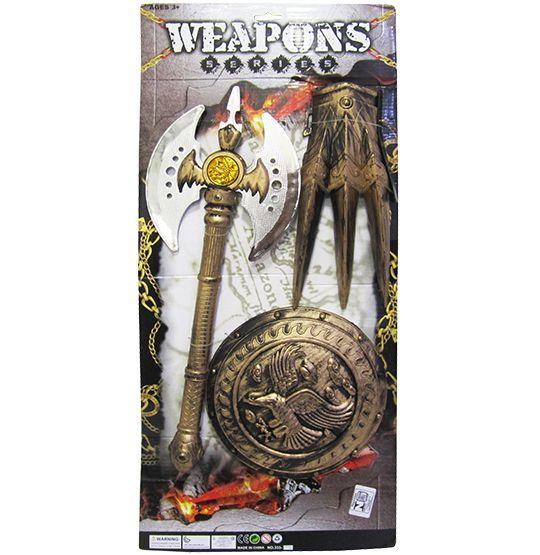 Kit medieval com machado + escudo e garra weapons 3 pecas na cartela ...