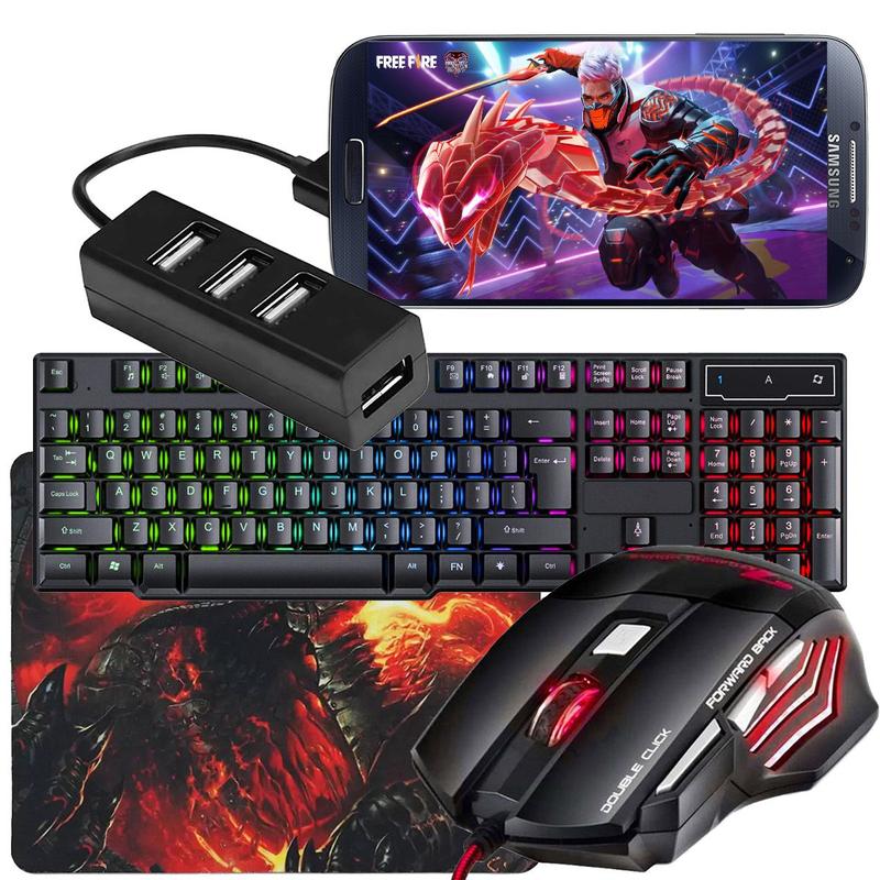 Kit Mobilador Gamer Compatível com Androide Teclado Led RGB + Mouse ...