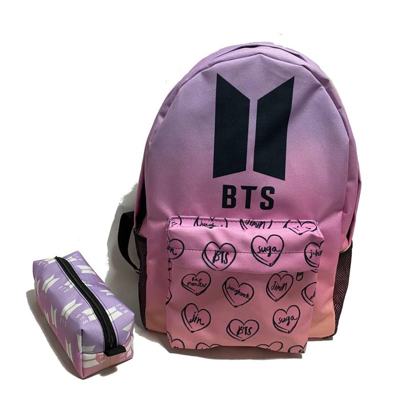 Kit mochila e estojo grande padrão escolar BTS logo versão degradê rosa ...