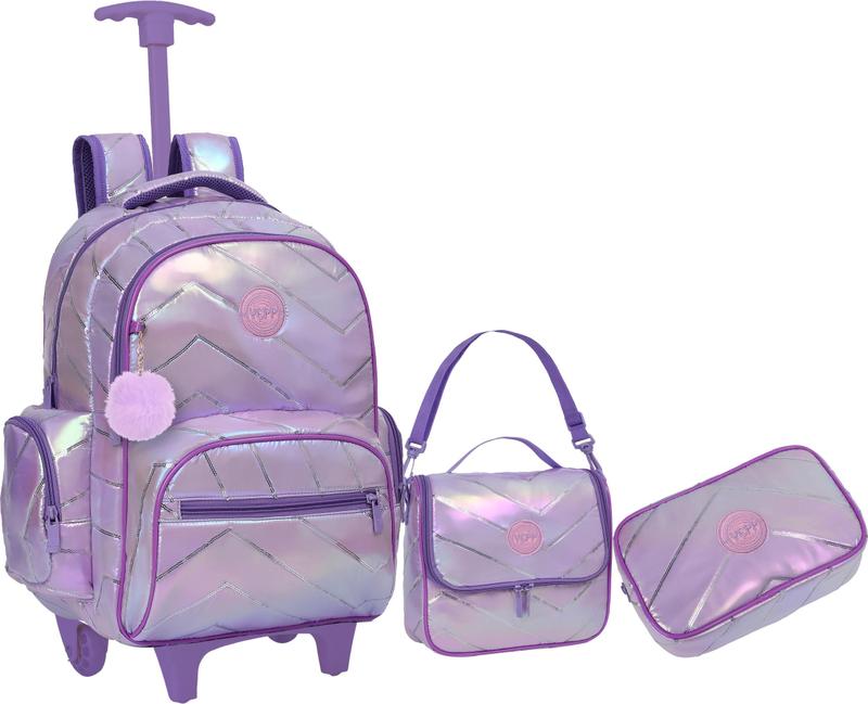 Kit Mochila Escolar Rodinha Menina Metalizada Rosa Roxa - YEPP - Kit ...