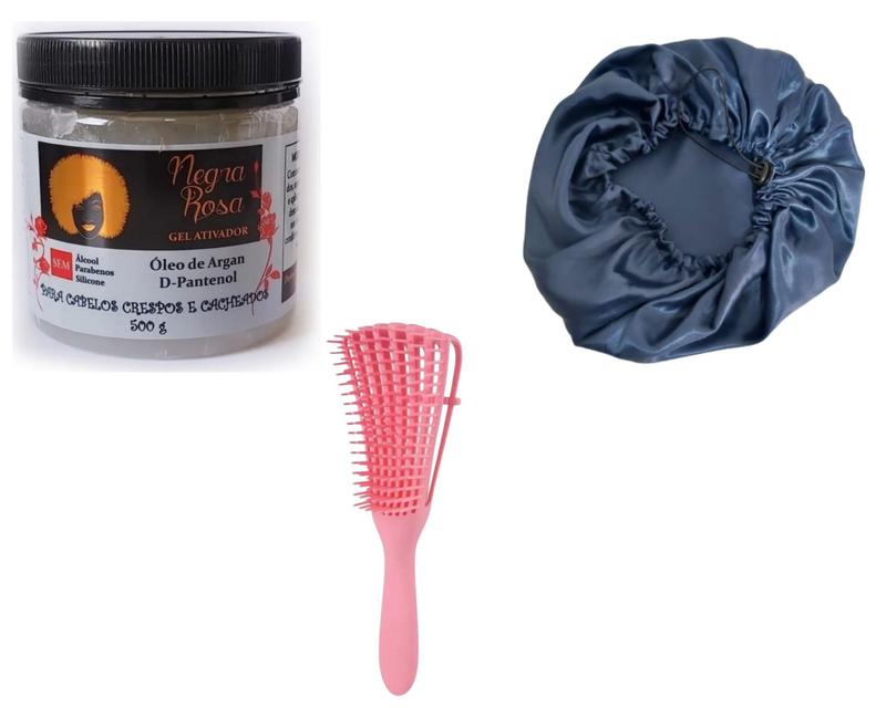 Kit Negra Rosa Gel + Pente Polvo+ Touca Cetim Cachos Ativador por ...