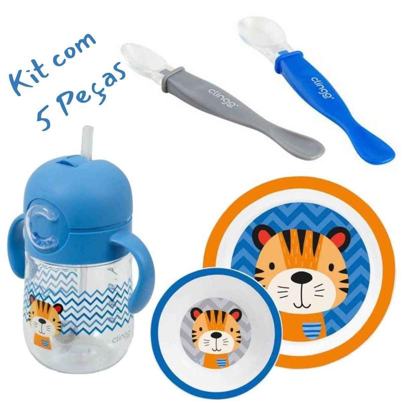 Kit Papinha Bebê Clingo 5 Peças Tigre e Azul Copo Colheres Silicone ...