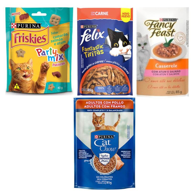 Kit para Gatos - 1 petisco Friskies Mix Camarão 40g, 1 Sachê Felix Fantastic Carne 85g, 1 Sachê ...