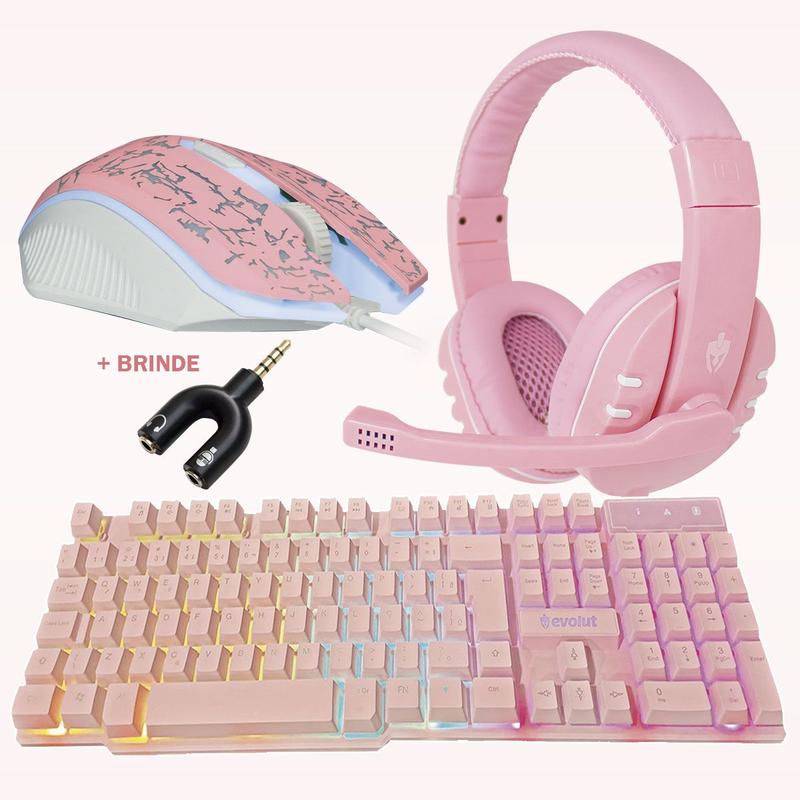 Kit para Menina Gamer Teclado Mouse Headset Rosa C/ Rainbow - Evolut ...