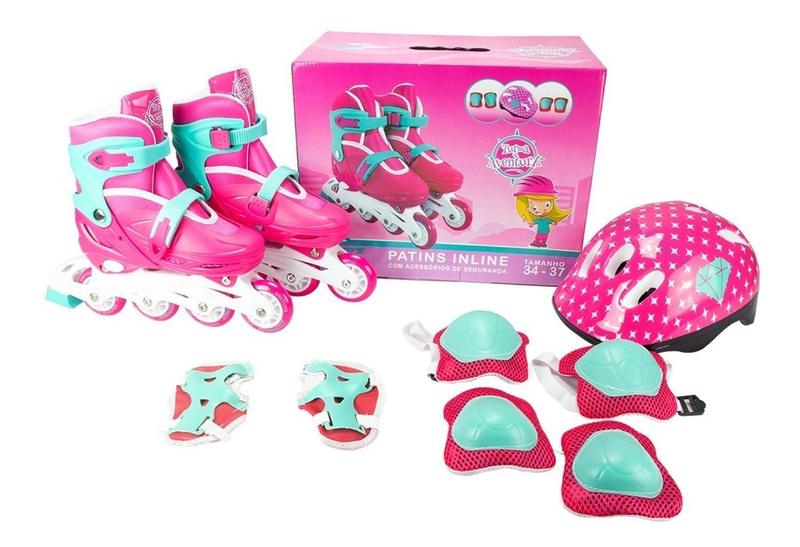 Kit Patins Completo Roller Infantil Inline Menina 34 Ao 37 Cor Rosa ...