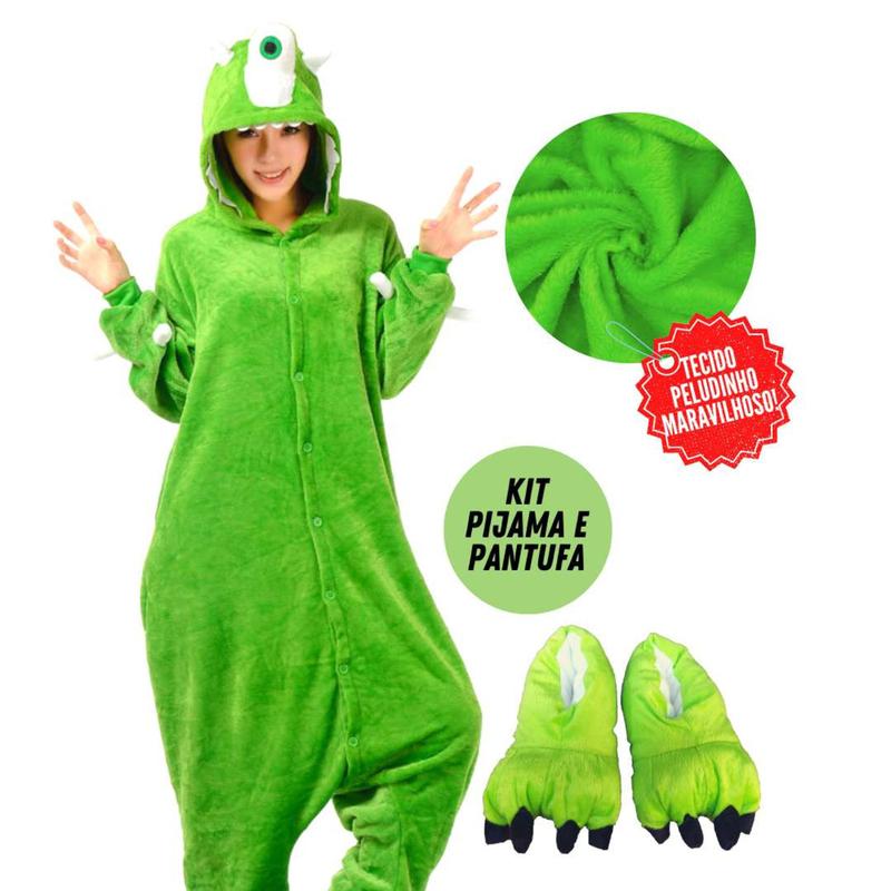 Kit Pijama Mike Wazowski com Pantufa Kigurumi Monstros SA Unissex Promo ...