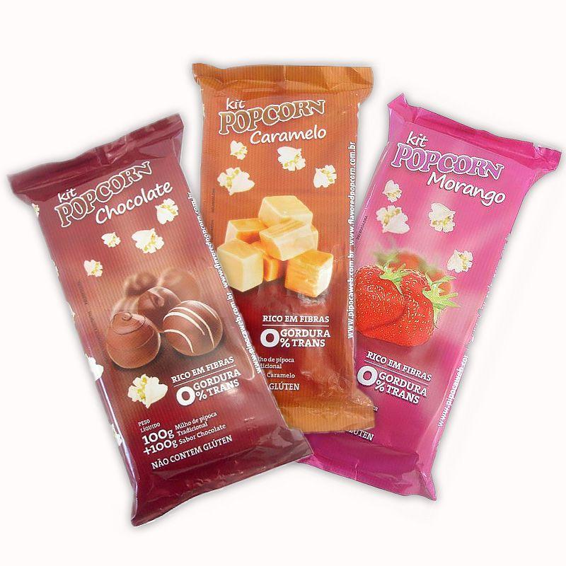 Kit Pipoca Doce Popcorn 3 Sabores Milho de pipoca + Sabores Morango ...