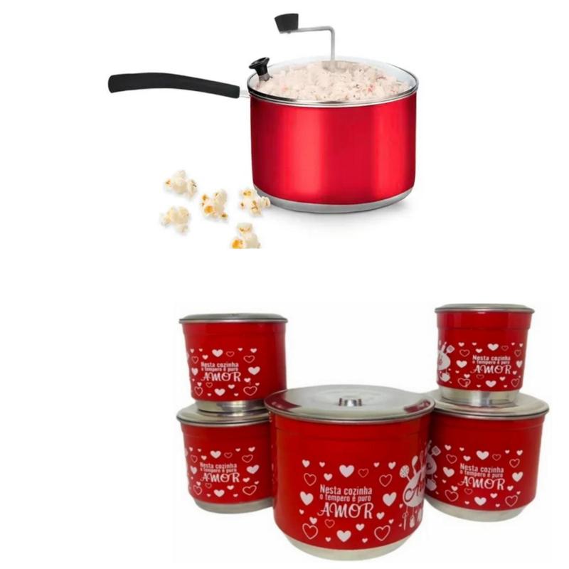 Kit Pipoqueira tampa de vidro vermelho e preto Com conjunto de Potes ...