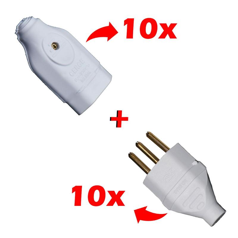 Kit Plugue Fêmea + Pino Macho triplo Padrão 10A 250v Extensão x10 ...