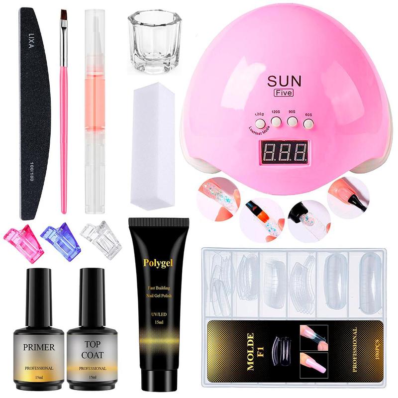 Kit Polygel 100 Moldes F1 Pincel Unhas Poli Gel Cabine Sun 48W Secadora ...