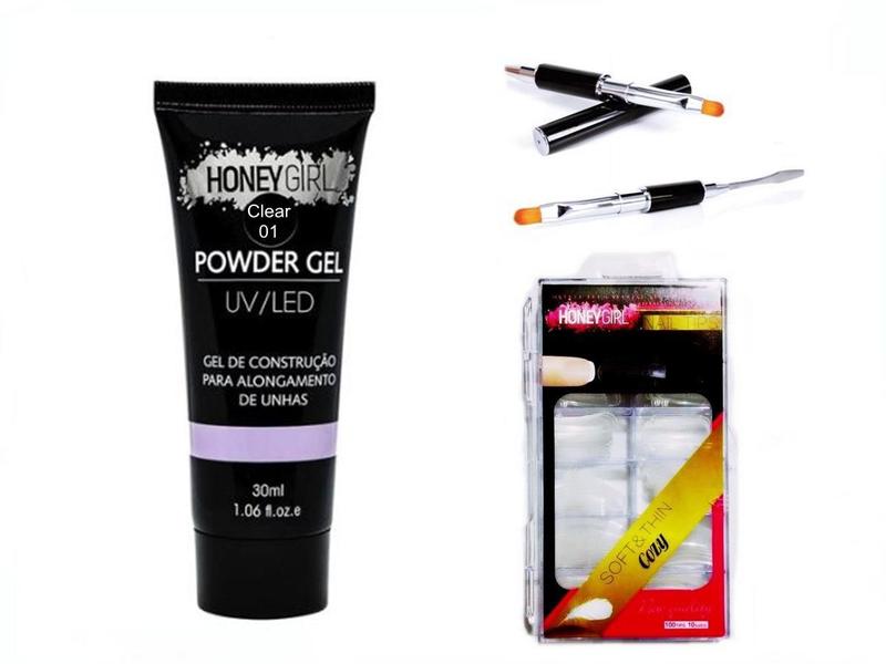 Kit Polygel 30Ml Clear 01 Pincel Espatula 100 Moldes F1 - Honey Girl - Kit Manicure - Magazine Luiza