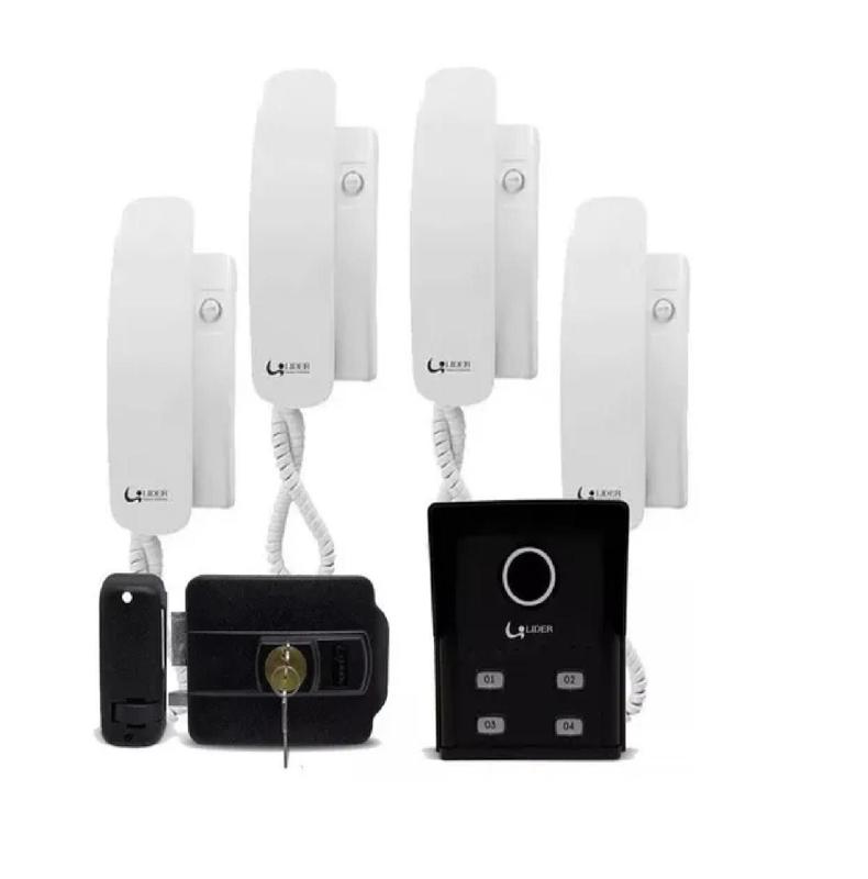 Kit Porteiro Interfone Coletivo 4 Pontos + 4 Fone +fechadura - Lider ...