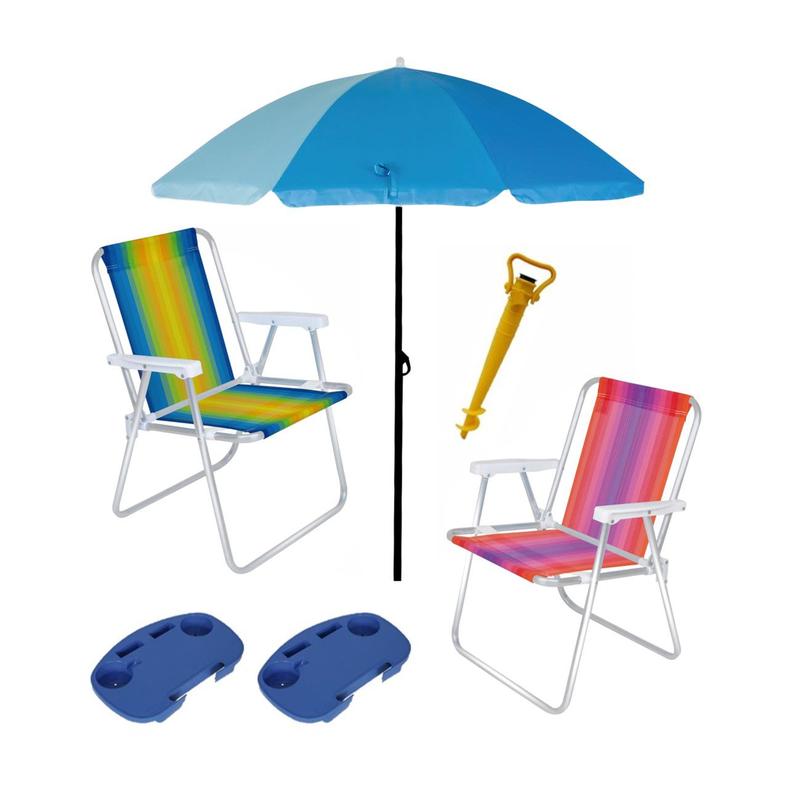 Kit Praia 2 Cadeira Alta Alumínio + Guarda Sol + 2 Mesa Portátil + Saca ...