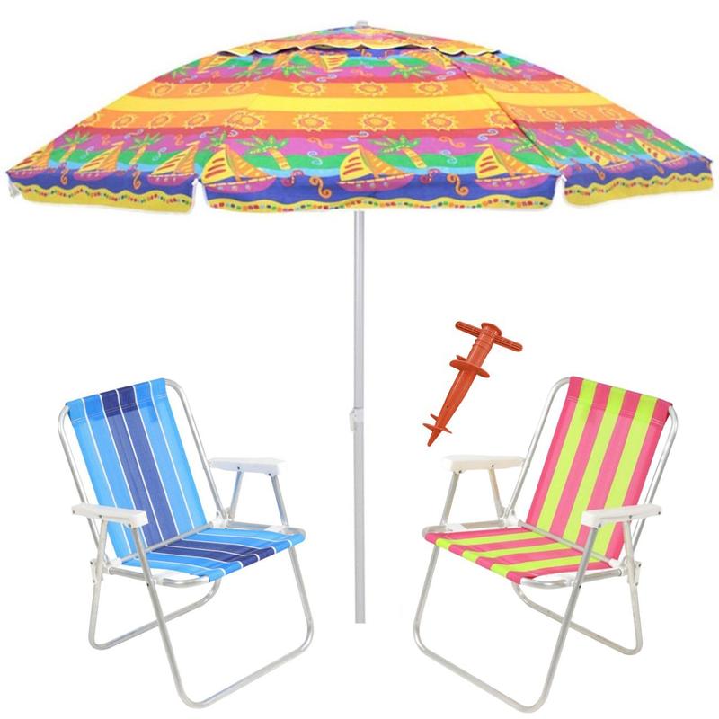 Kit Praia 2 Cadeira Alta Guarda Sol 2,4m Al-Mare Saca Areia Rosca ...