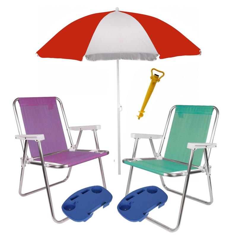 Kit Praia 2 Cadeira Alta Sannet + Guarda Sol + Saca Areia + 2 Mesa Portátil - Mor - Praia e ...