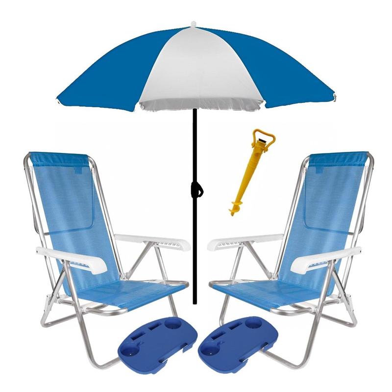 Kit Praia 2 Cadeira Reclinável Sannet Alum + Guarda Sol + Saca Areia ...