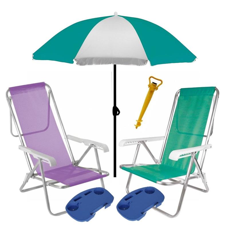Kit Praia 2 Cadeira Reclinável Sannet Alum + Guarda Sol + Saca Areia + 2 Mesinha - Mor - Praia e ...