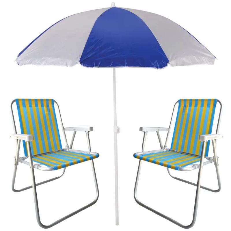 Kit Praia 2 Cadeiras de Praia Aluminio Alta e Guarda Sol Azul Bel ...