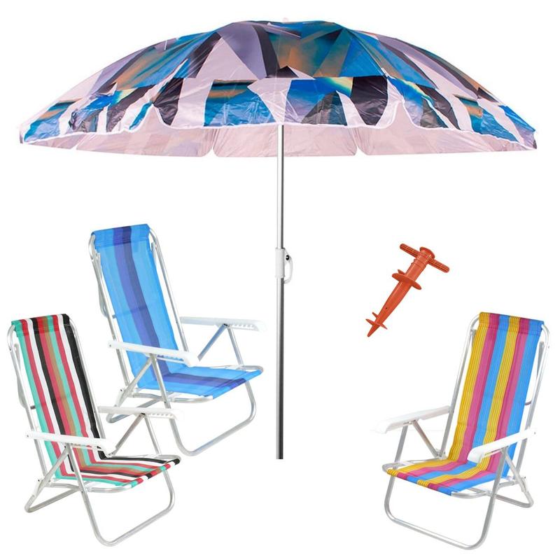 Kit Praia 3 Cadeira 8 Pos Alumínio Guarda Sol 2,4m Al-Mare Saca Areia ...