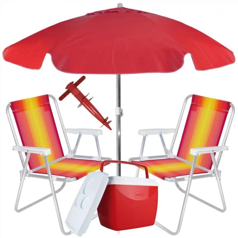 Kit Praia com Guarda Sol 1,60m, 2 Cadeiras de Praia, Caixa Termica e ...