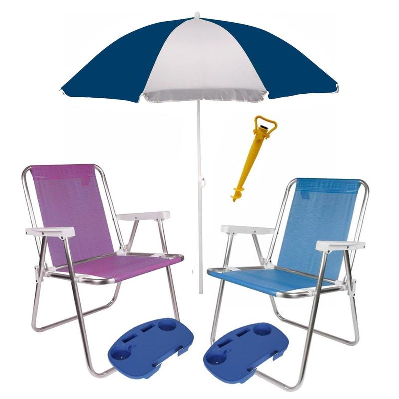 Kit Praia Guarda Sol 1,8m 2 Cadeira Alta Sannet Mesa Portátil Saca ...