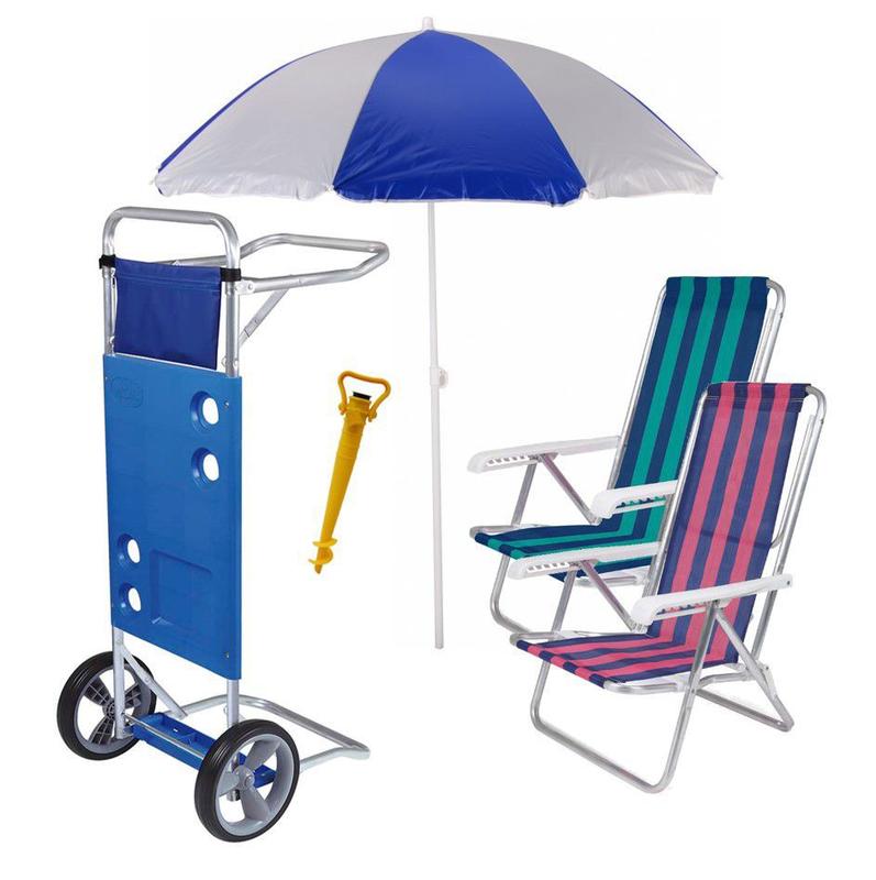 Kit Praia Guarda Sol 1,8m 2 Cadeira Reclinável 8 Posições Carrinho De ...