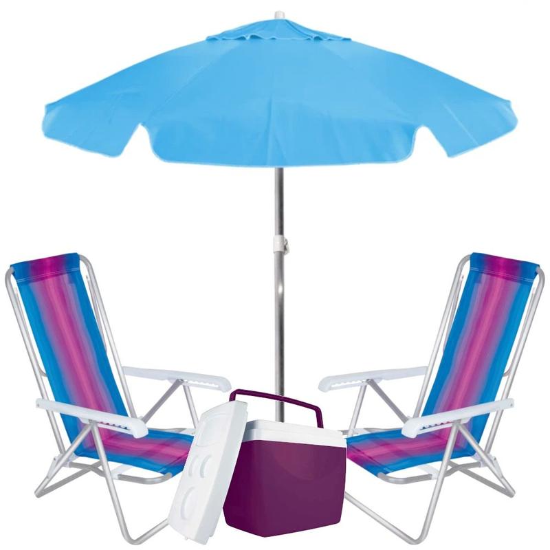Kit Praia Guarda Sol Azul 1,60 M + 2 Cadeiras de Praia + Caixa Termica ...