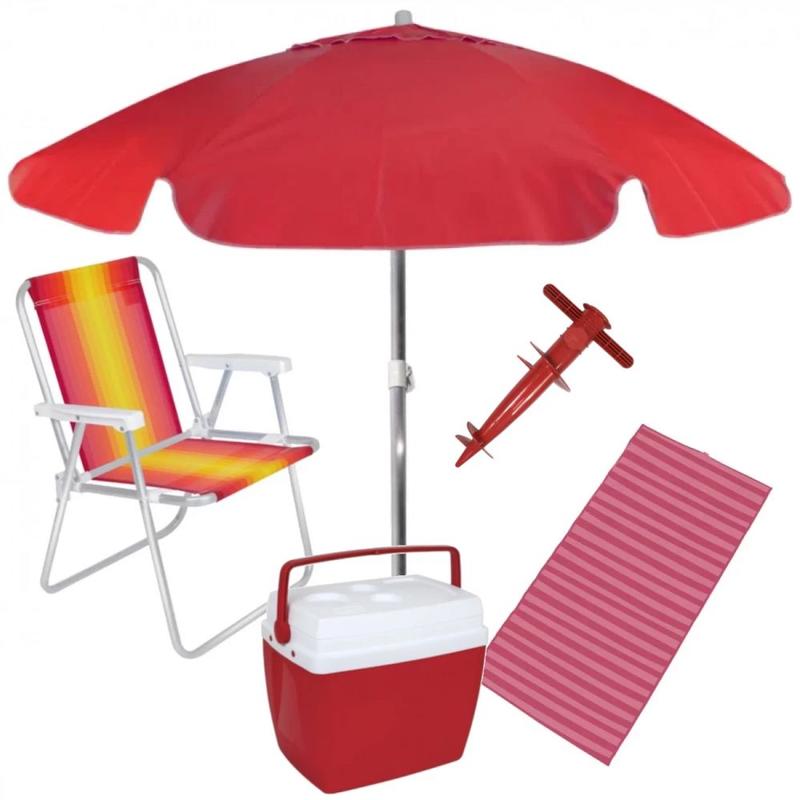 Kit Praia Guarda-sol Vermelho 1,60m, Cadeira de Praia, Caixa Termica ...