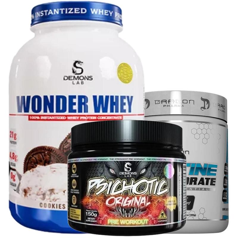 Kit pré treino psichotic original 150g + wonder whey 900g + creatina importada 300g - DEMONS LAB ...