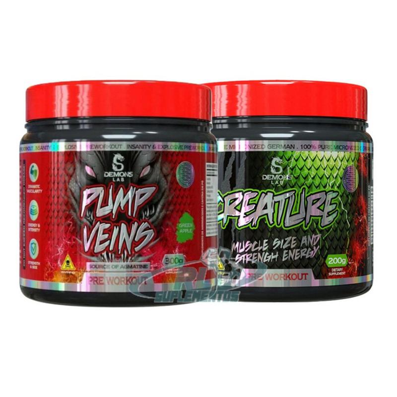 Kit pré treino pump veins 300g + creatina creature 200g - demons lab - Pré Treino - Magazine Luiza