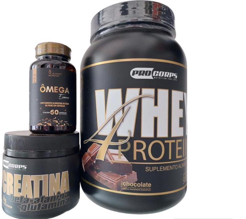 Kit Pro corps - Whey protein de chocolate + creatina 100g + ômega ...