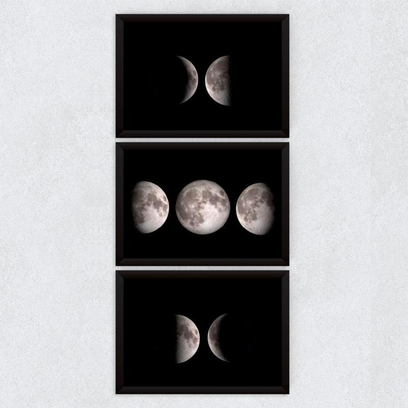 kit quadro decorativo 3 peças fases da lua vertical natural estrela céu ...