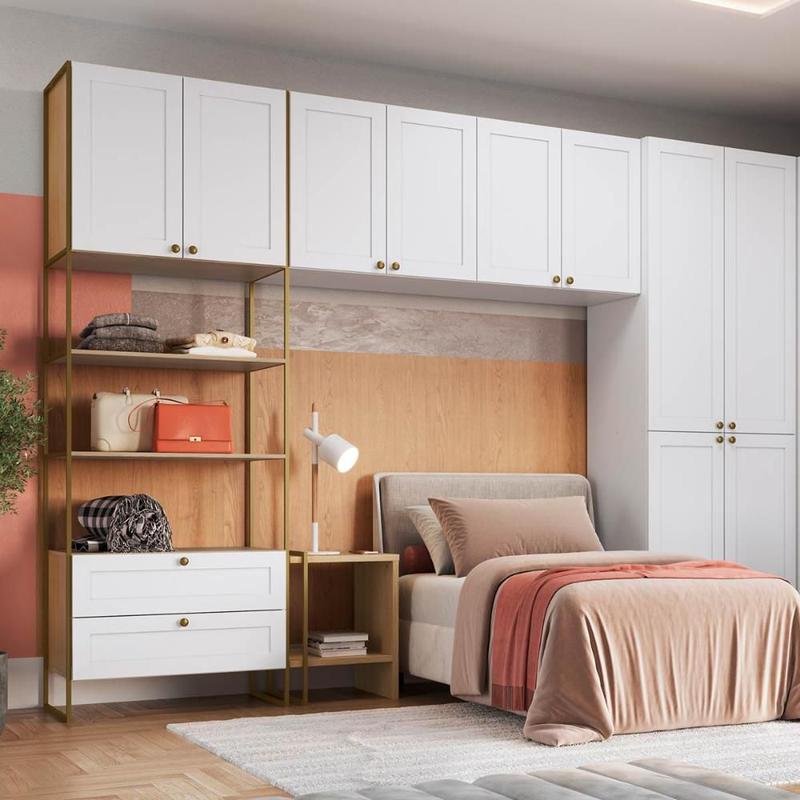 Kit Quarto MDF Com Guarda Roupa Estante e Armários Suspensos ...