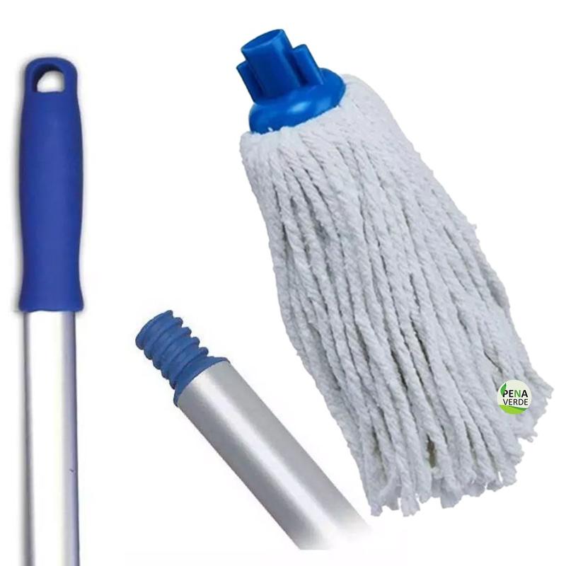 Kit Refil Mop Úmido Algodão / Mopinho Pisos + Cabo Liso de Alumínio 140 ...