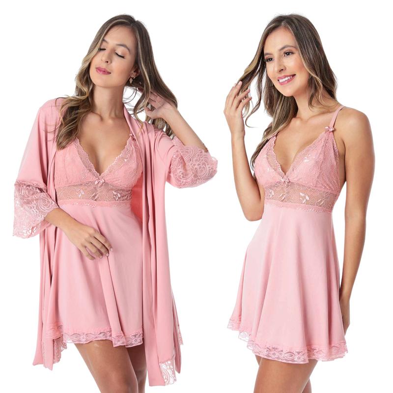 Kit Robe Luxo e Camisola Sensual de Renda Lingerie Feminina - Empório Lingerie - Roupão e Robe ...